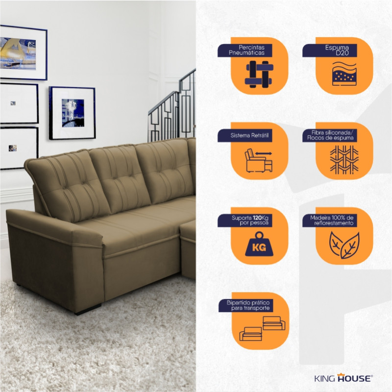 Sofá Canto Retrátil London Suede Velut - King House