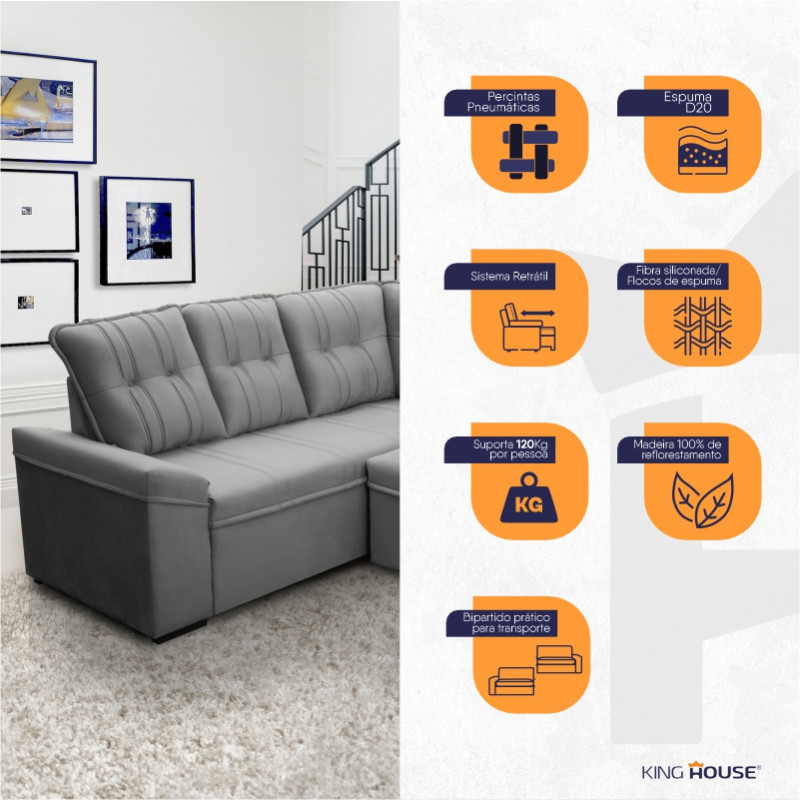 Sofá Canto Retrátil London Suede Velut - King House