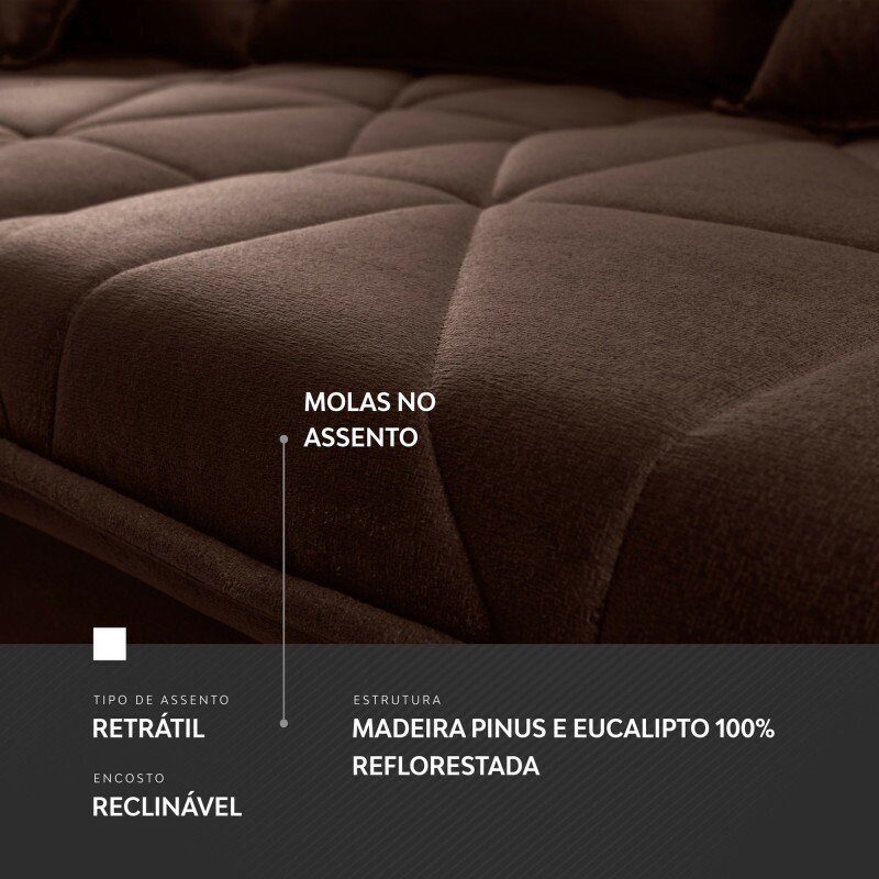 Sofá Retrátil Reclinável Trento 2,30m Suede Velut Molas no Assento - King House