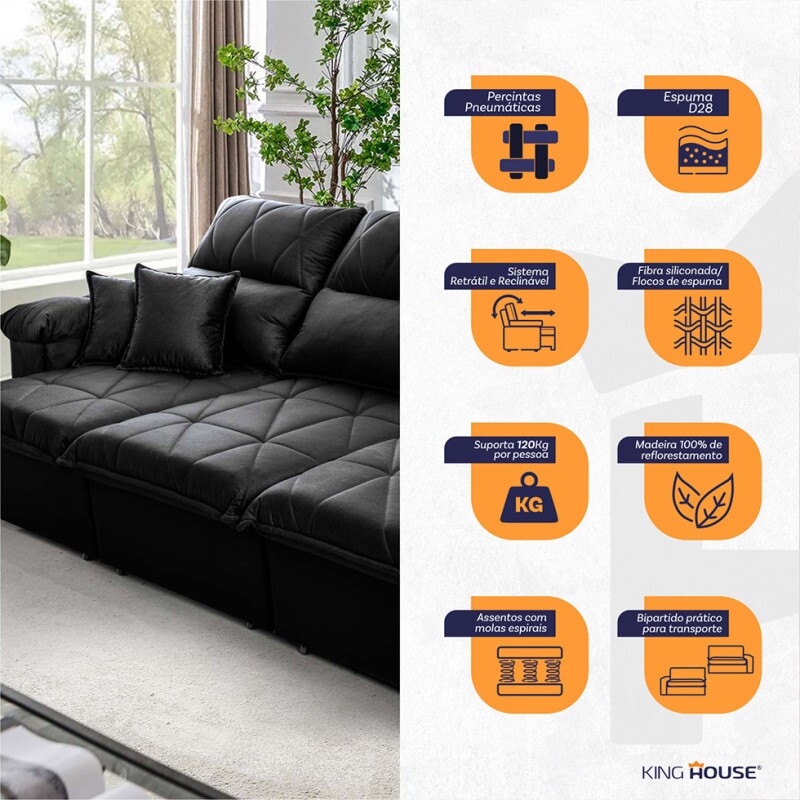 Sofá Retrátil Reclinável Trento 2,30m Suede Velut Molas no Assento - King House